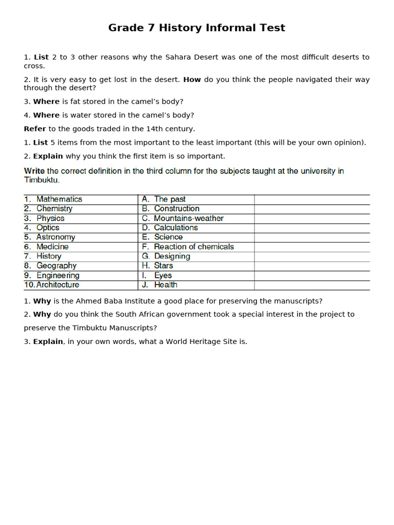 Grade 7 History Test on Sahara & Trade | PDF