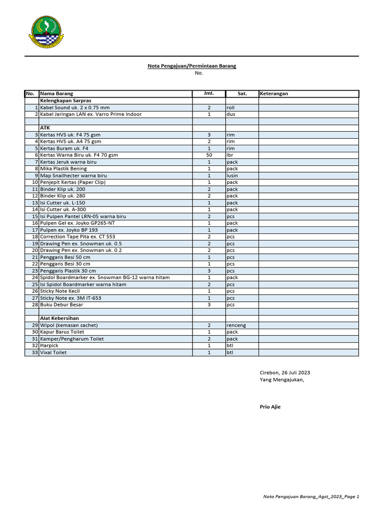 Pengajuan Pulpen Pantel untuk Sekolah | PDF
