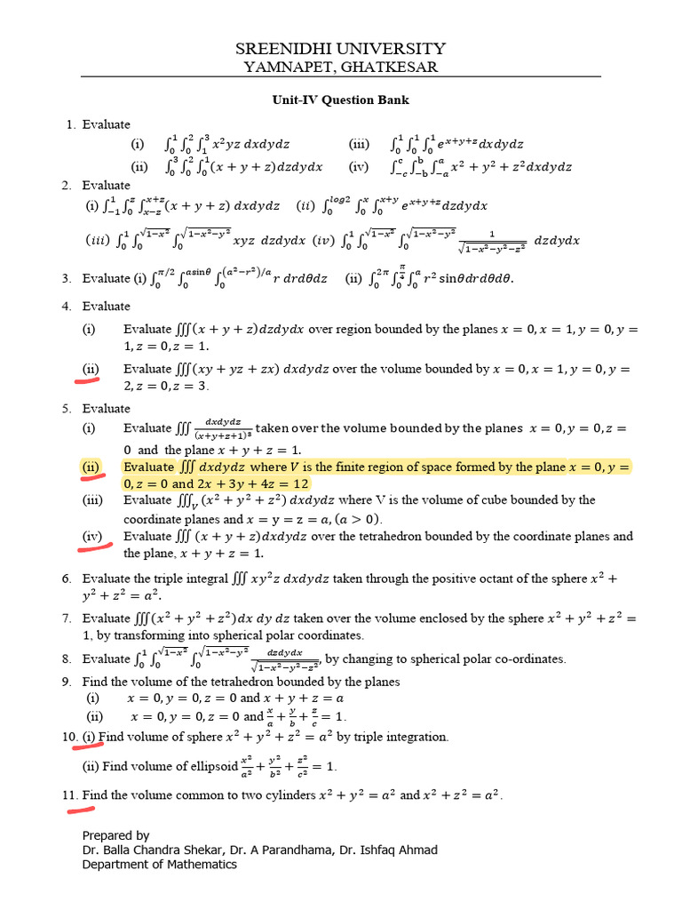 SNU-Unit4-Triple Integrals QuestionBank (1) | PDF | Sphere | Space