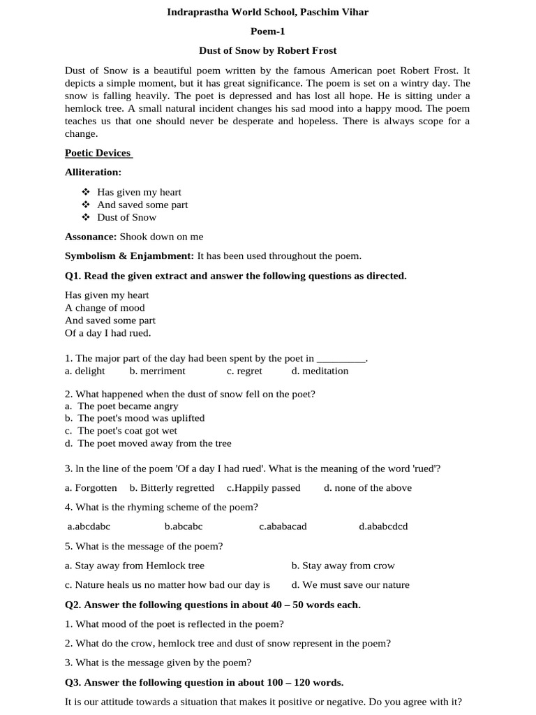 Dust of Snow: Class 10 Worksheet | PDF