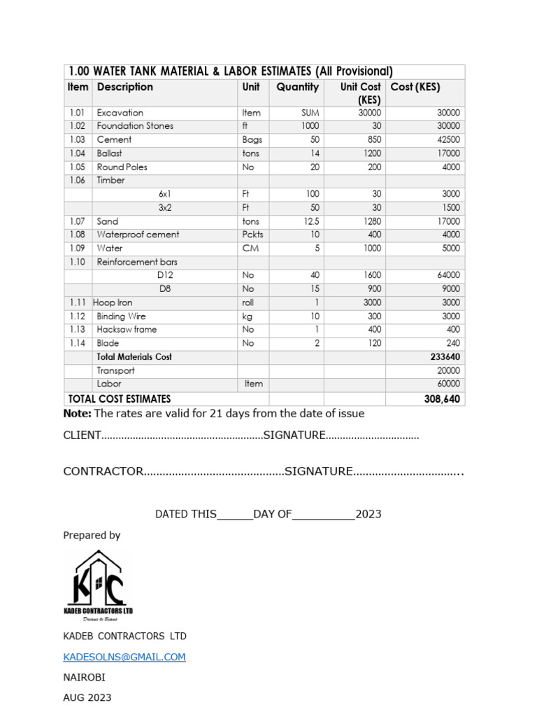 Underground Water Tank Cost Estimates | PDF