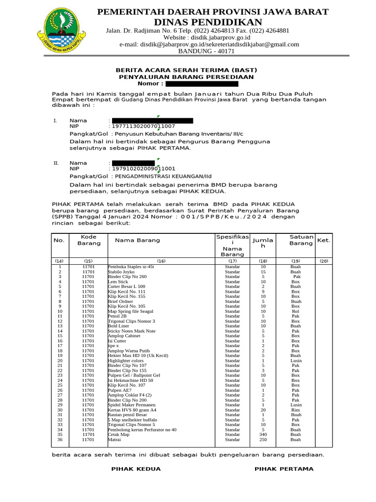 Serah Terima Barang SMPN 3 Losari | PDF