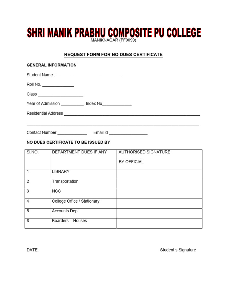 No Dues Certificate Request Form | PDF