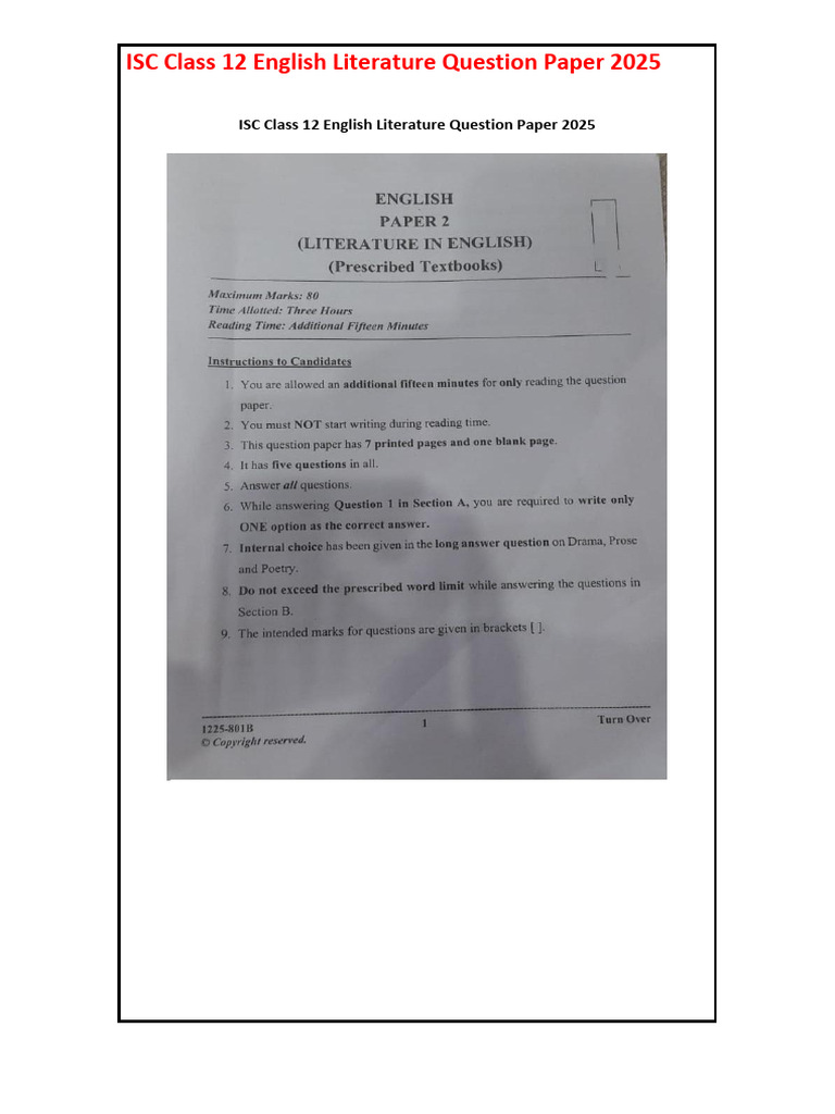 Isc Class 12 English Literature Question Paper 2025 | PDF
