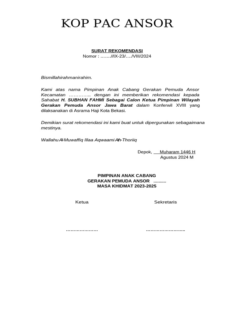 Surat Rekomendasi Pac Ke PW | PDF