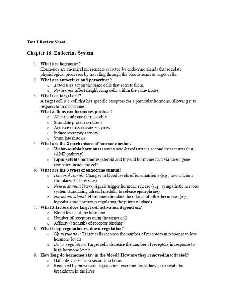 Test 1 Review Sheet CH 16 and 17 | PDF | Hormone | Endocrine System