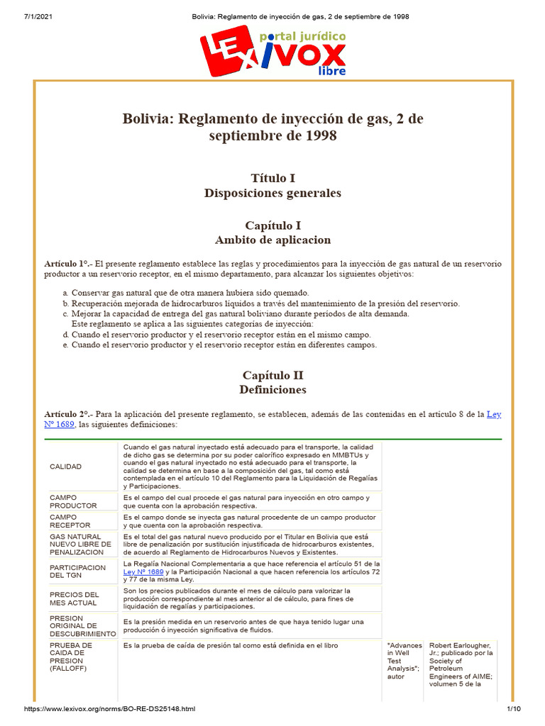 Bolivia - Reglamento de Inyección de Gas, 2 de Septiembre de 1998 | PDF ...