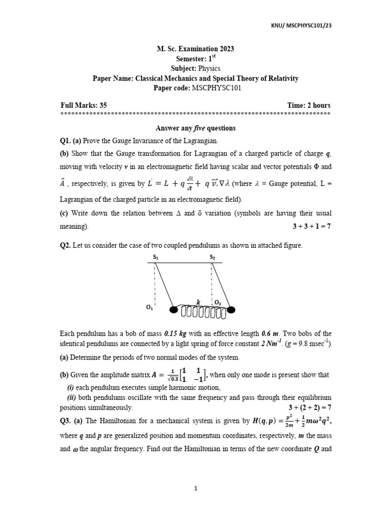 Classical Mechanics End Sem - 2023 | PDF | Gauge Theory | Lagrangian Mechanics