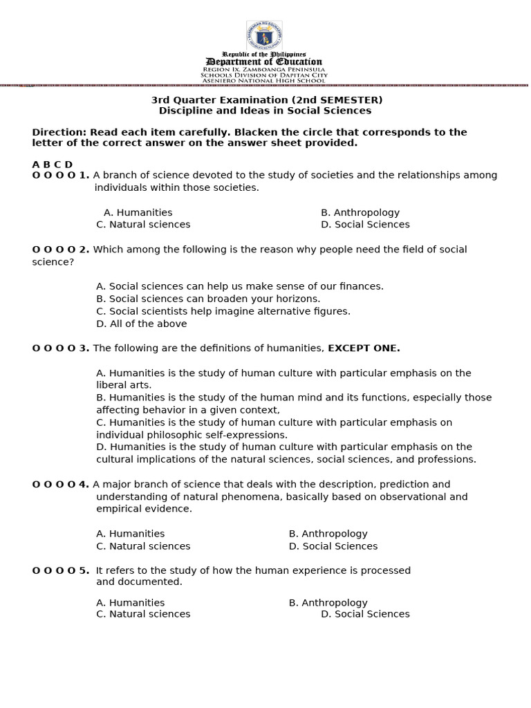 Social Sciences 3rd Quarter Exam Guide | PDF | Social Sciences | Science