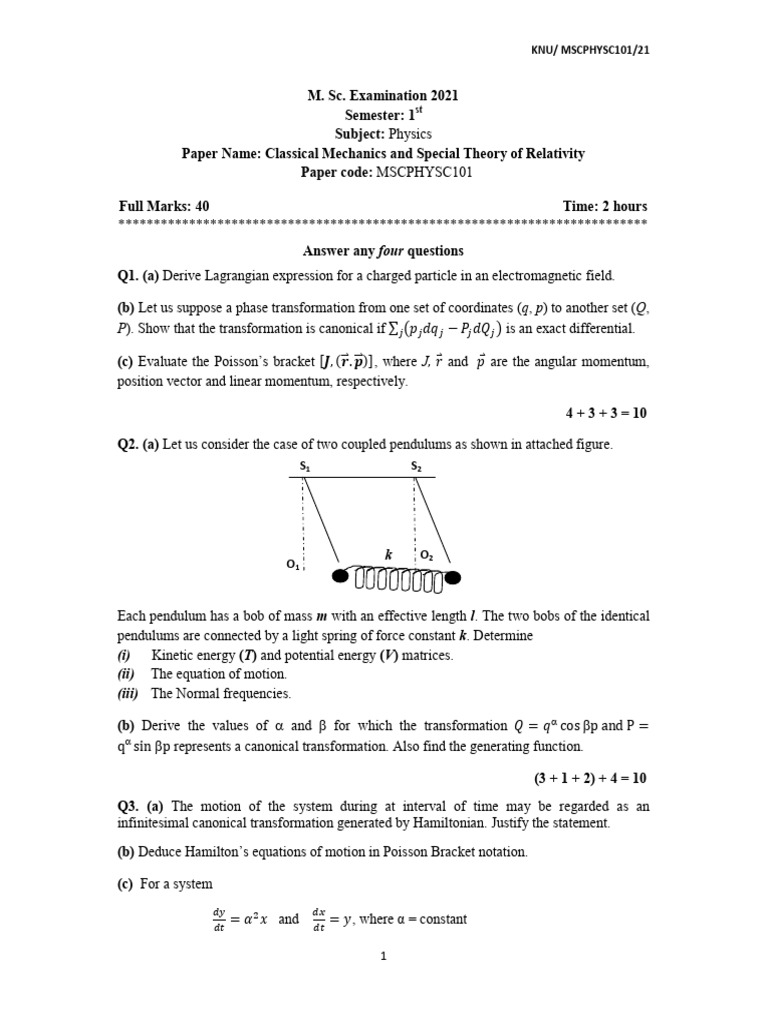 Classical Mechanics - Final - 2021 | PDF