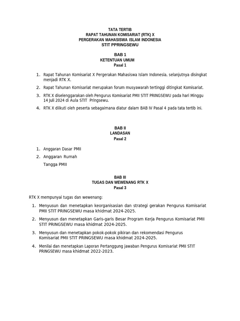 Tata Tertib RTK X PMII STIT Pringsewu | PDF