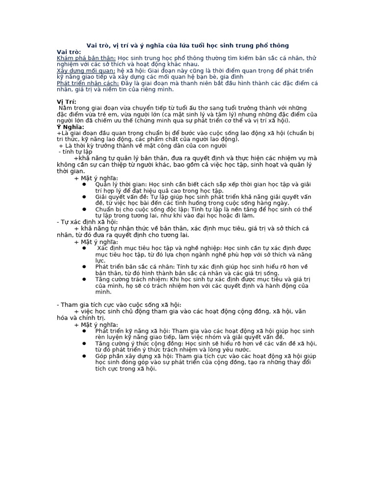 Vai trò, vị trí và ý nghĩa của lứa tuổi HS THPT | PDF