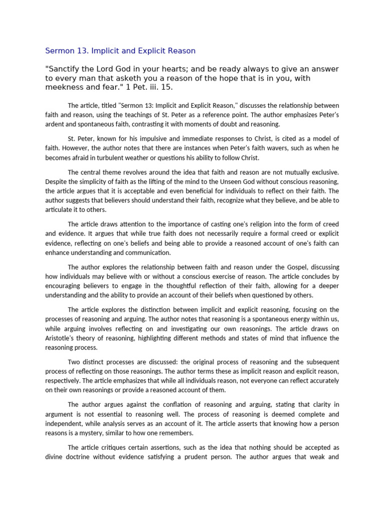 [SUMMARY] Sermon 13. Implicit and Explicit Reason | PDF | Reason | Faith