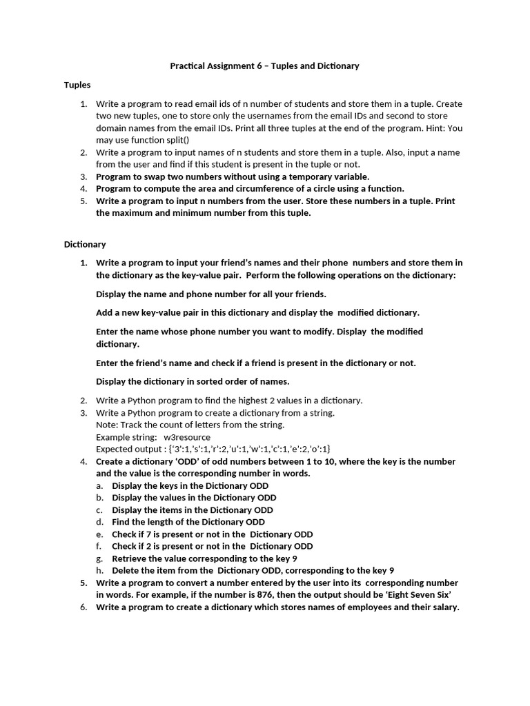 Practical Assignment 6 - Tuples and Dictionary | PDF | Numbers | String (Computer Science)