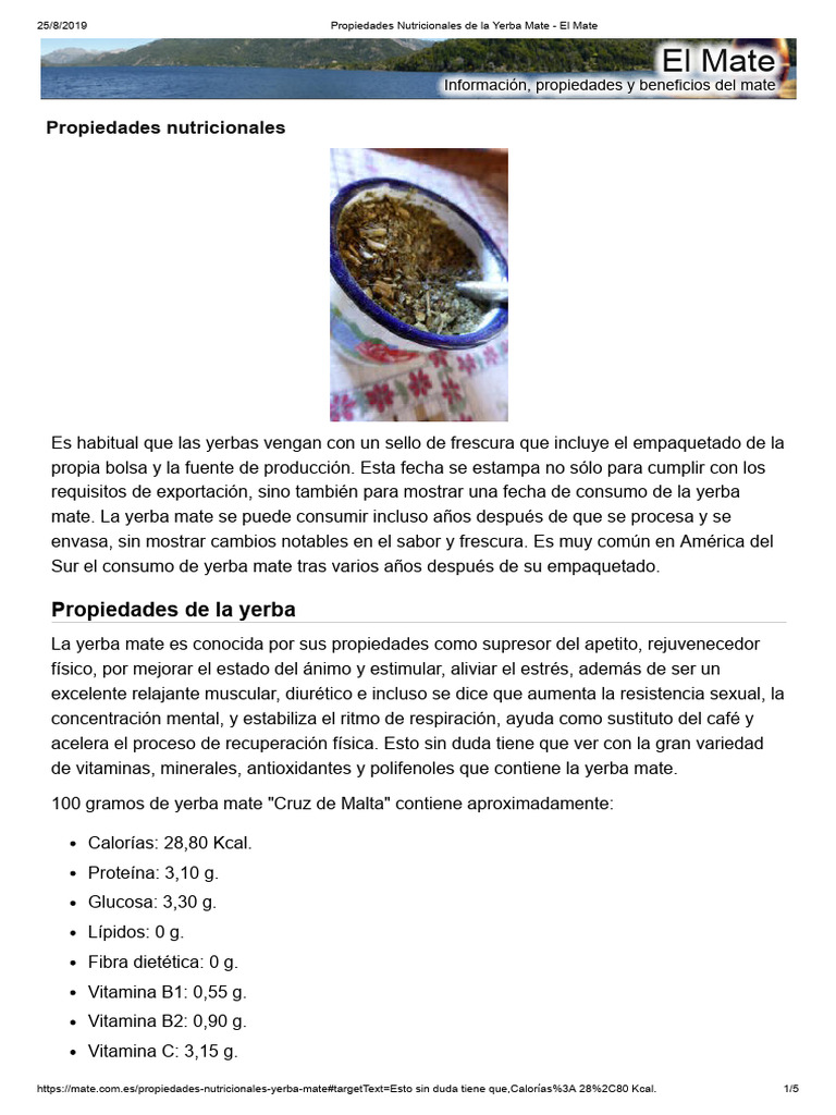 Propiedades Nutricionales de la Yerba Mate - El Mate | PDF | Caloría | Nutrición