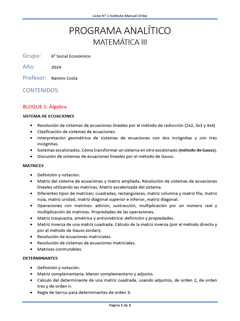PROGRAMA ANALÍTICO MATEMÁTICA III - 6toSE - 2024 | PDF | Matriz (Matemáticas) | Determinante