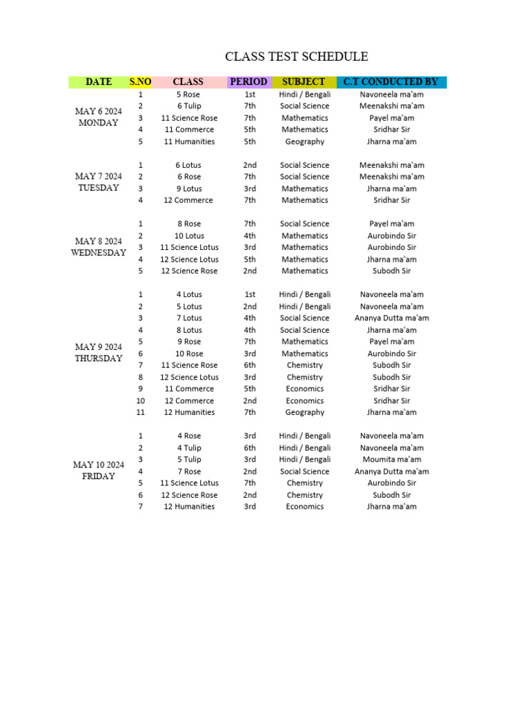 Class Test Schedule 6th May - 10th May 2024 | PDF