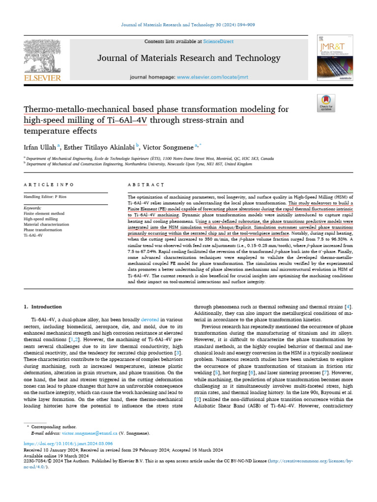 Thermo-metallo-mechanical based phase transformation modeling for high-speed milling of Ti–6Al ...