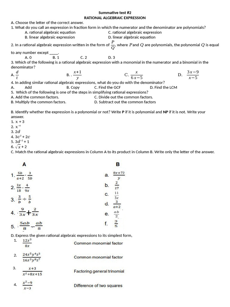Summative Test - RATIONAL ALGEBRAIC EXPRESSION | PDF