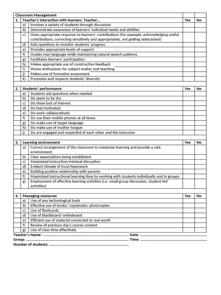 Classroom Observation Form 28-09-22 | PDF | Learning | Teachers