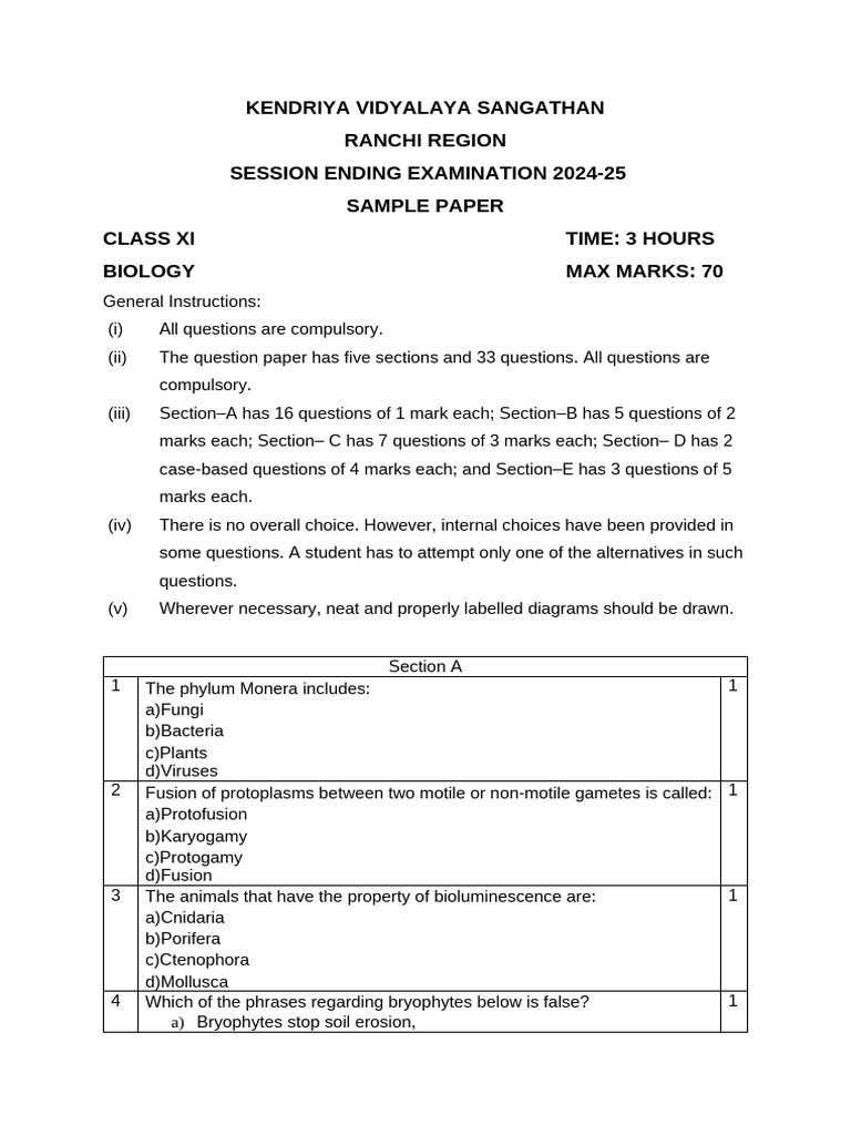 Sse - Xi - Bio - QP Sample Paper | PDF | Anatomy | Biochemistry
