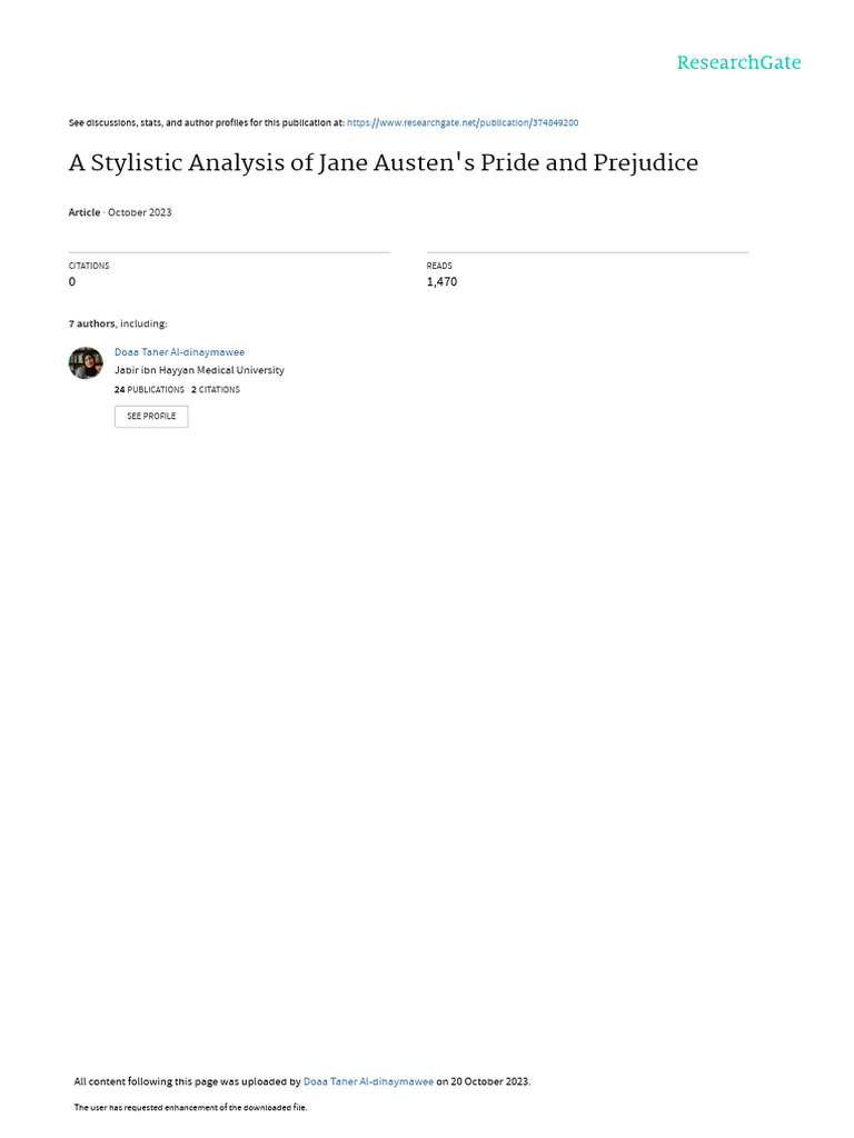 AStylistic Analysisof Jane Austens Pride | PDF | Narration | Mr. Darcy