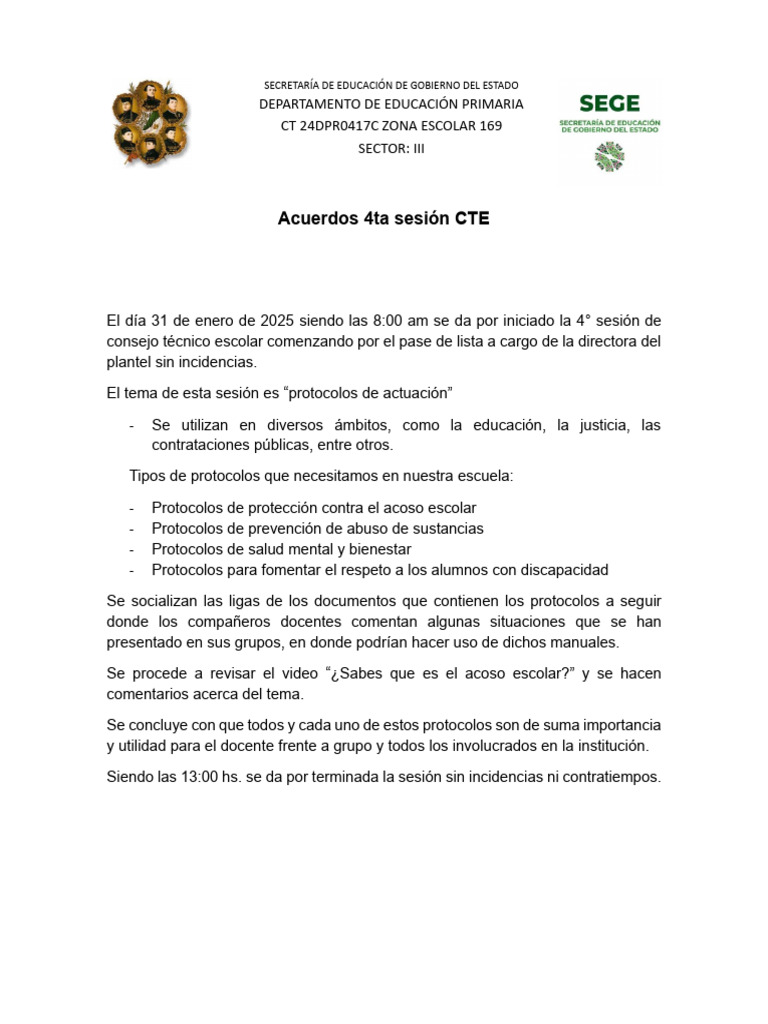 Acuerdos 4ta sesión CTE | PDF
