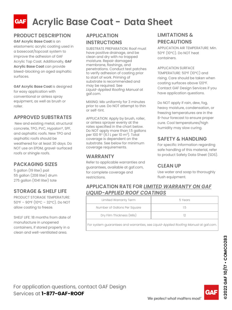 GAF Acrylic Base Coat Technical Data | PDF | Roof | Building Engineering