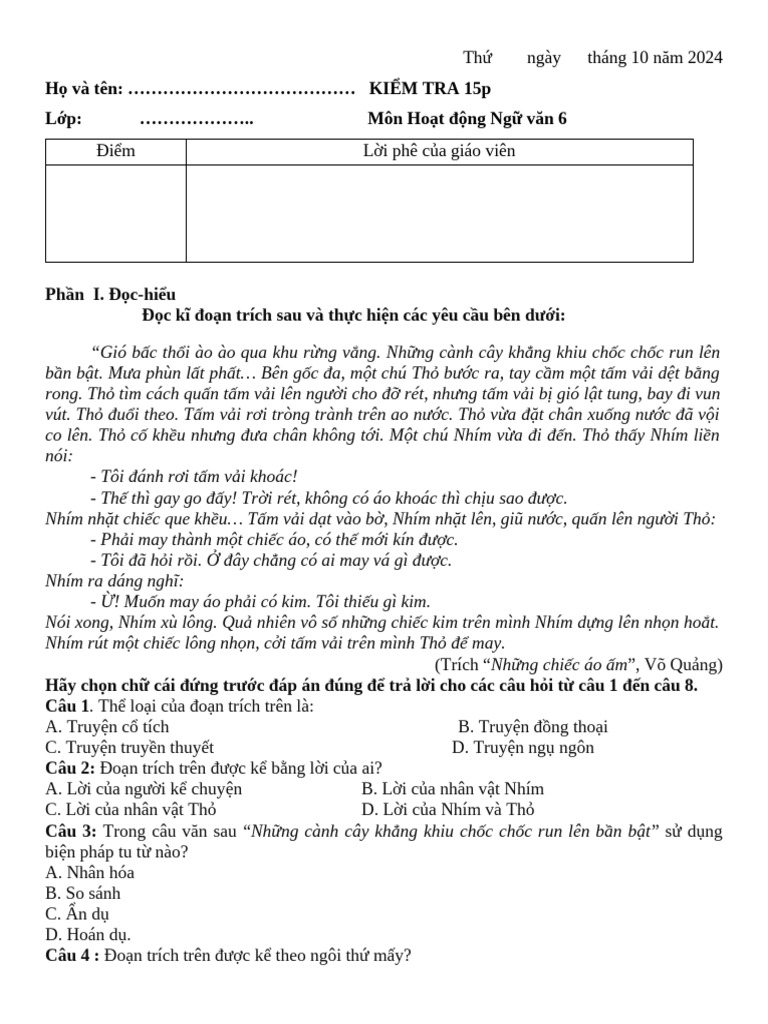 KT 15P GIỮA KỲ 1 | PDF