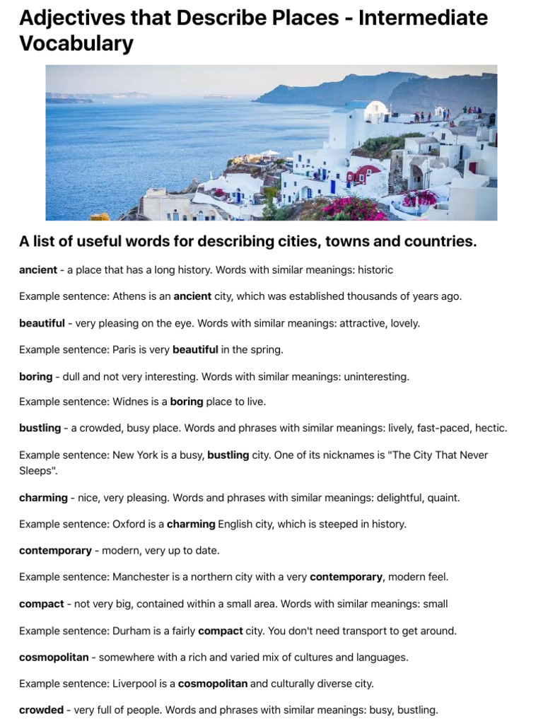Descriptive Adjectives for Places | PDF | Linguistics | Human Communication