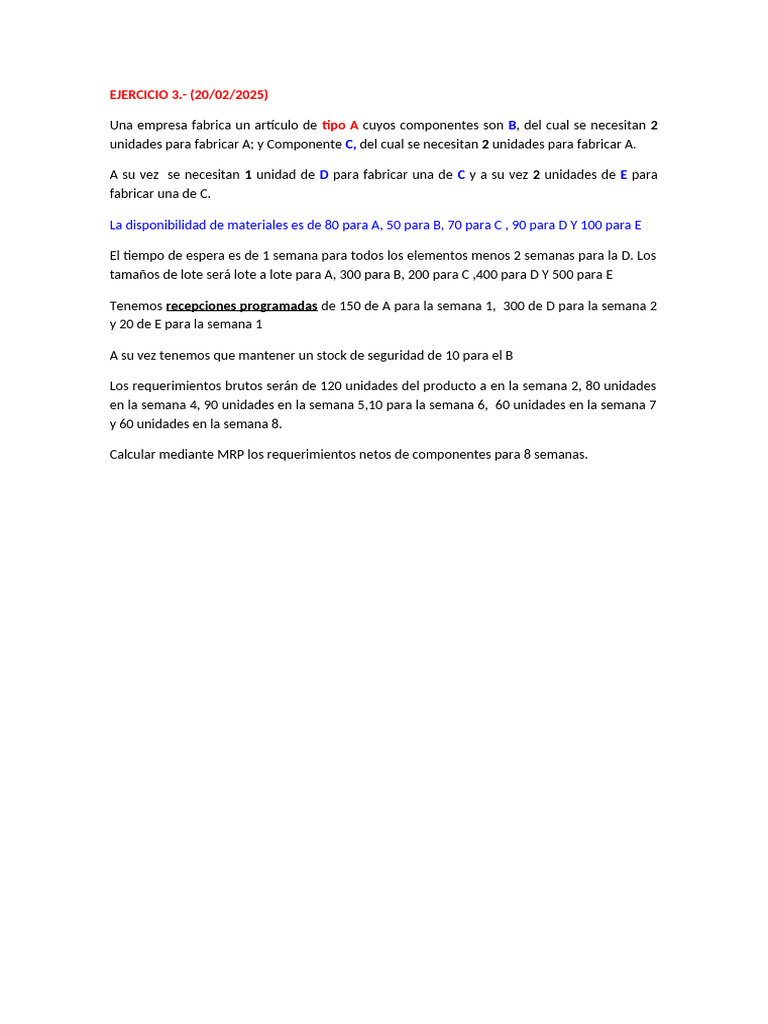 EJERC 3 MRP ENUNCIADO 20 FEB 2025 | PDF