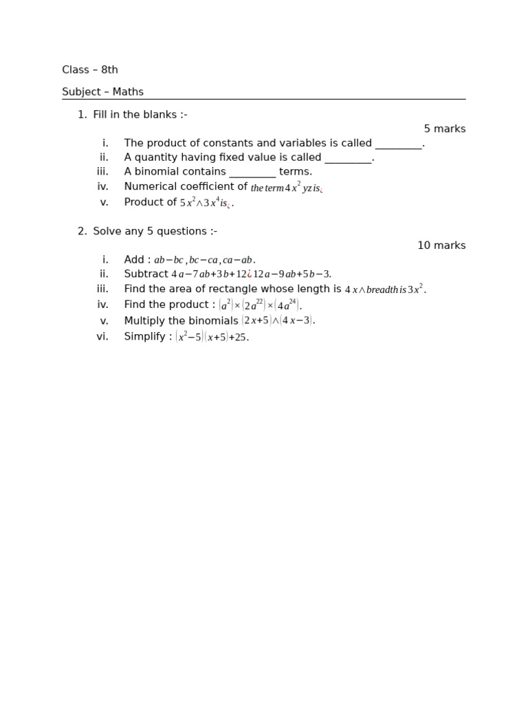 8th Grade Maths Worksheet: Algebra Basics | PDF