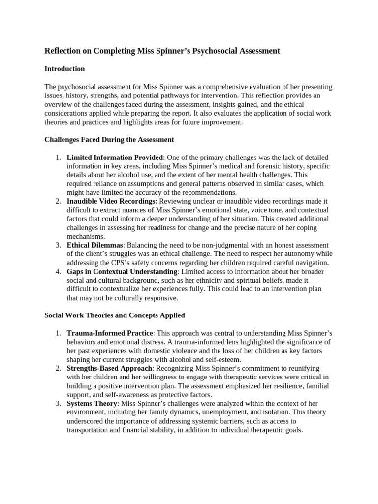 Miss Spinner's Psychosocial Assessment Insights | PDF | Cognitive ...