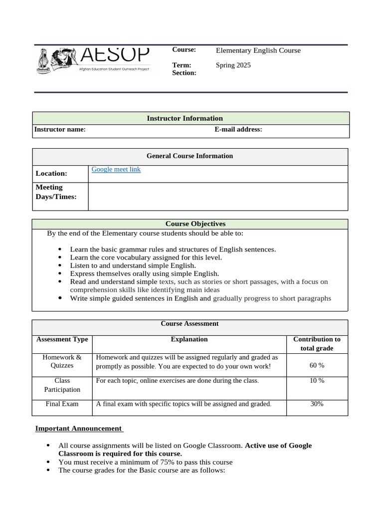 Elementary Course Syllabus - Spring 2025ocx | PDF | Pronoun ...