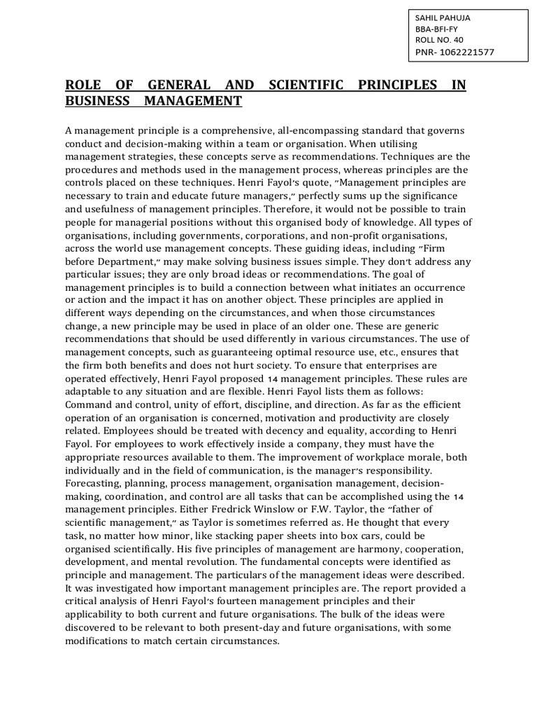Role of General and Scientific Principles in Business Management | PDF ...