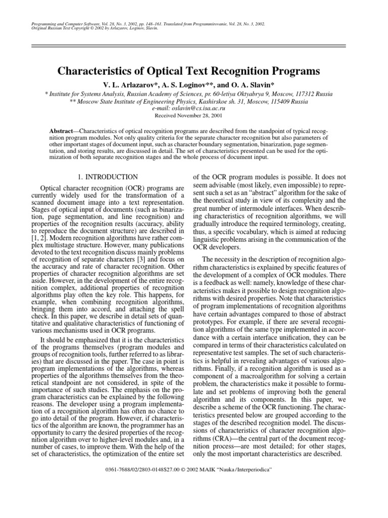 Characteristics of Optical Text Recognition Program | PDF | Image ...