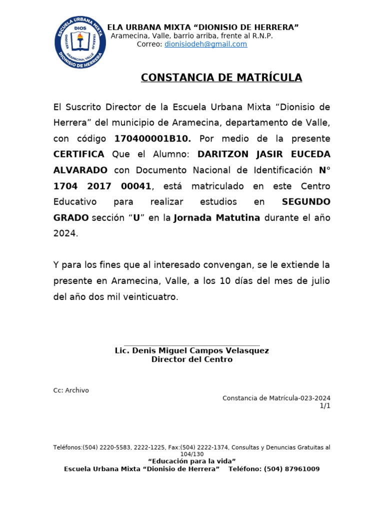 CONSTACIA DE MATRICULA - 1 B | PDF