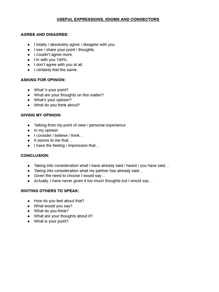 Useful expressions, idioms and connectors | PDF | Thought