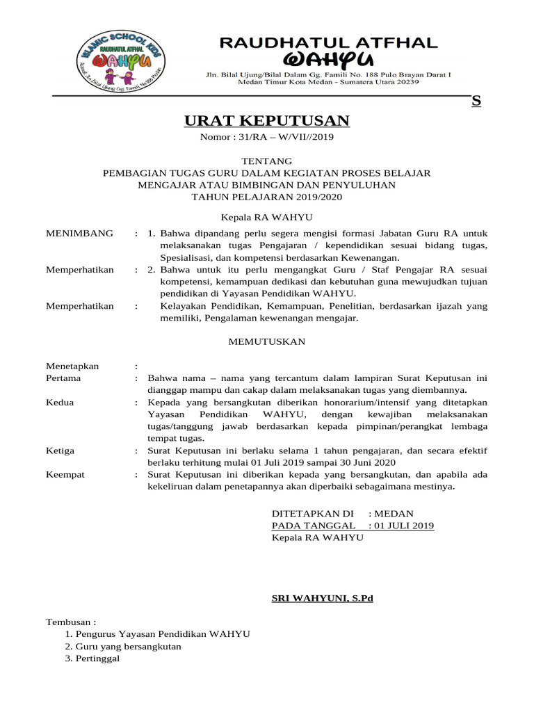 SK Pembagian Tugas RA - Wahyu | PDF
