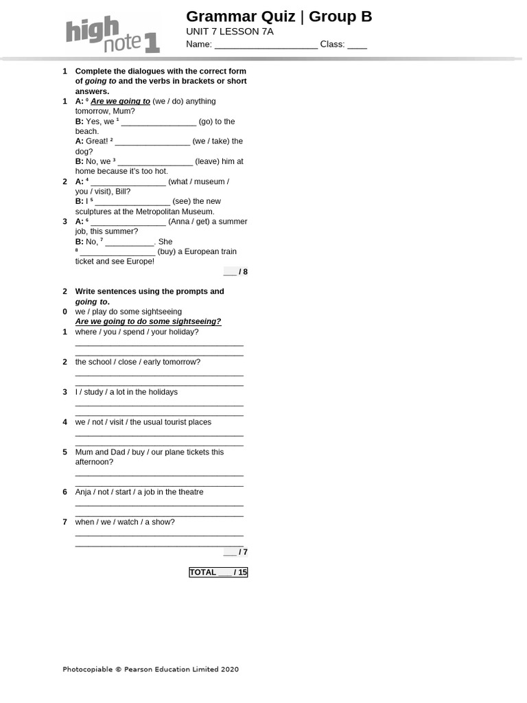 HighNote1 Grammar Quiz Unit07A GroupB | PDF