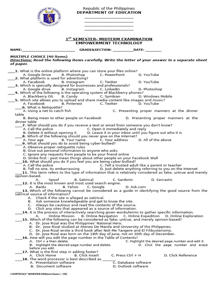 1st Sem- Midterm Exam in Emptech Long | PDF | Microsoft Excel | Page Layout