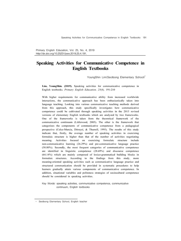 Speaking Activitiesfor Communicative Competencein English Textbooks | PDF | Learning | Communication