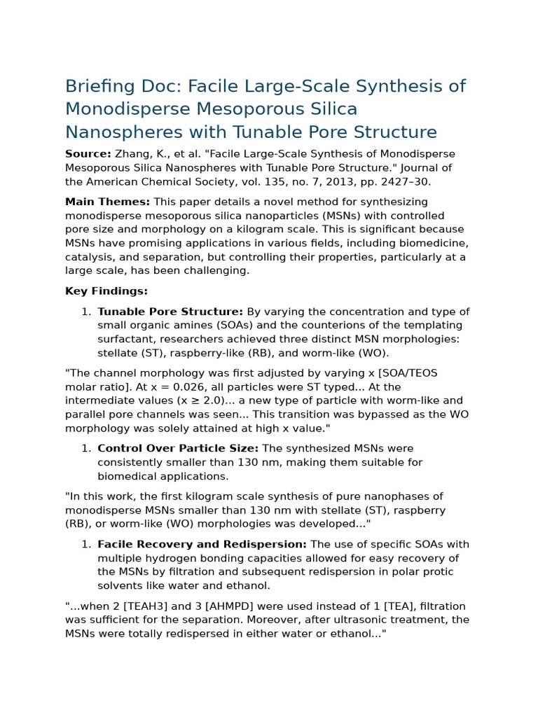Briefing Doc_silica syn method_Zhang et al. 2013_Facile Large-Scale ...