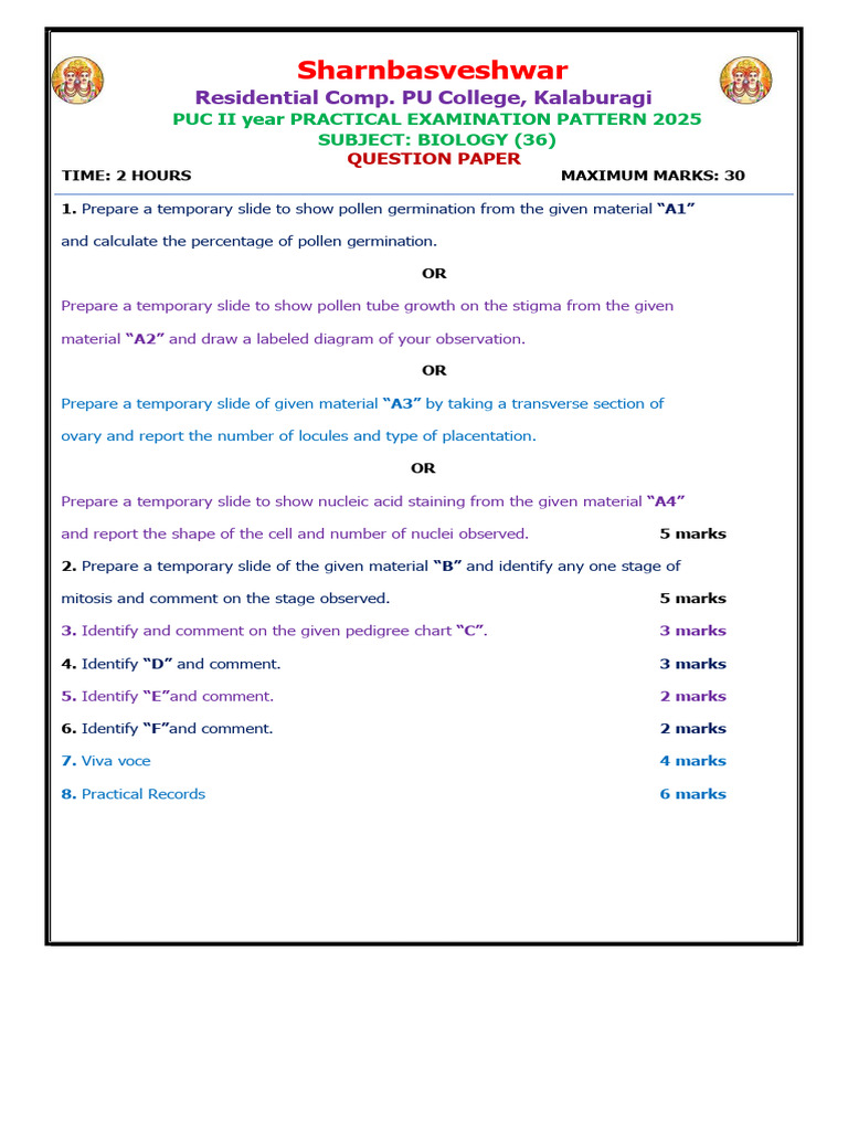 Pu Ii Biology Practical Question Paper and Scheme of Evaluation | PDF ...