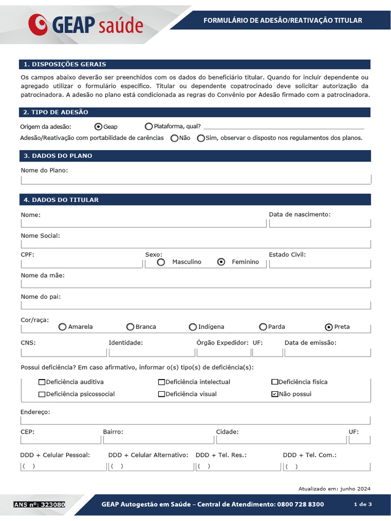 Formulário de Adesão Titular GEAP | PDF