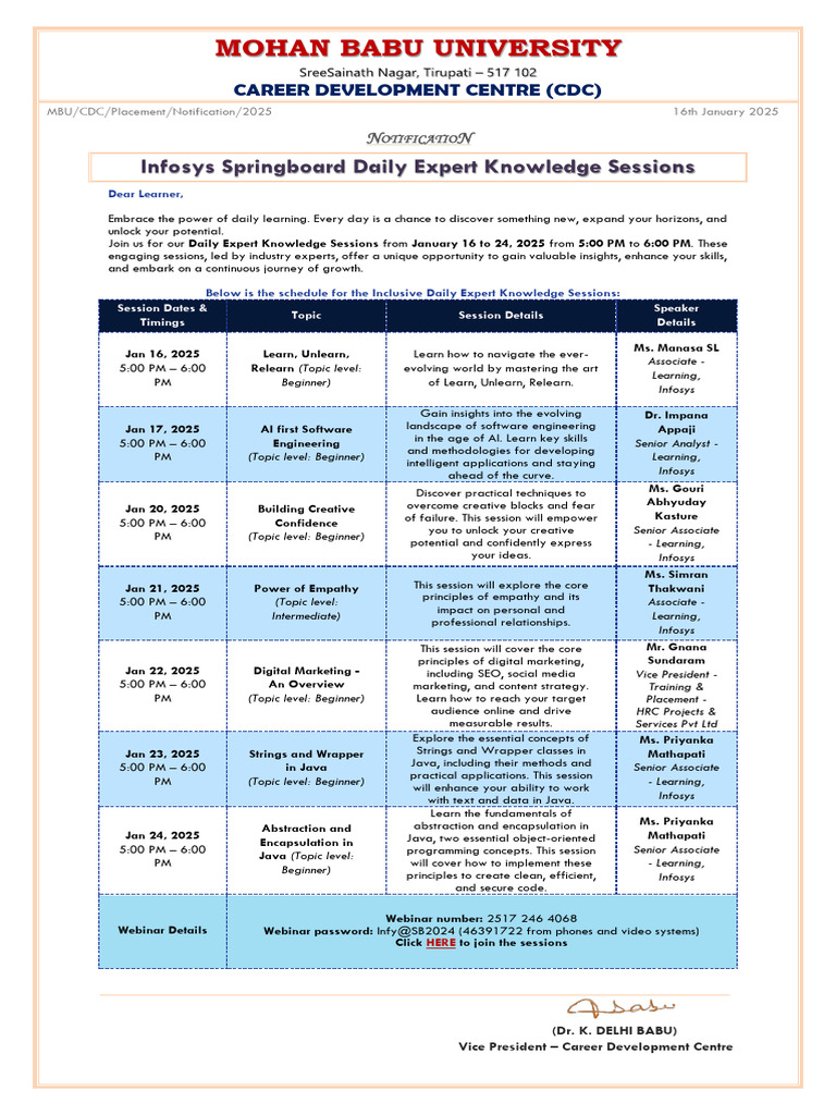 Infosys - Springboard - Daily Expert Knowledge Sessions - MBU - 2025 - Notification | PDF ...
