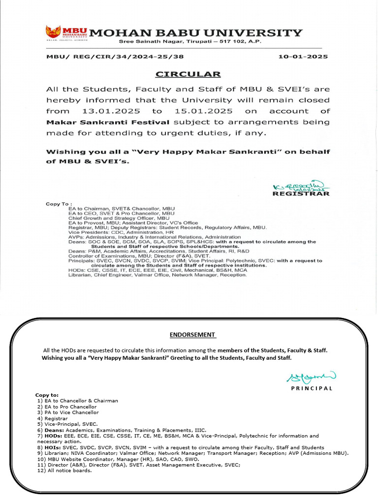 38.circular For Sankranti Holidays 10.01.2025 | PDF