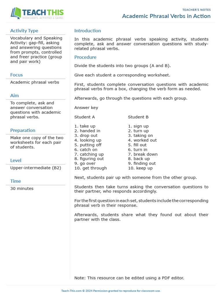 Academic Phrasal Verbs Speaking Activity | PDF | Cognition | Human ...