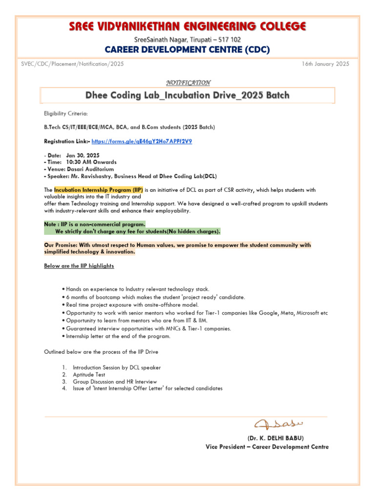Dhee Coding Lab - 2025 Batch - SVEC - Notification | PDF | Educational ...