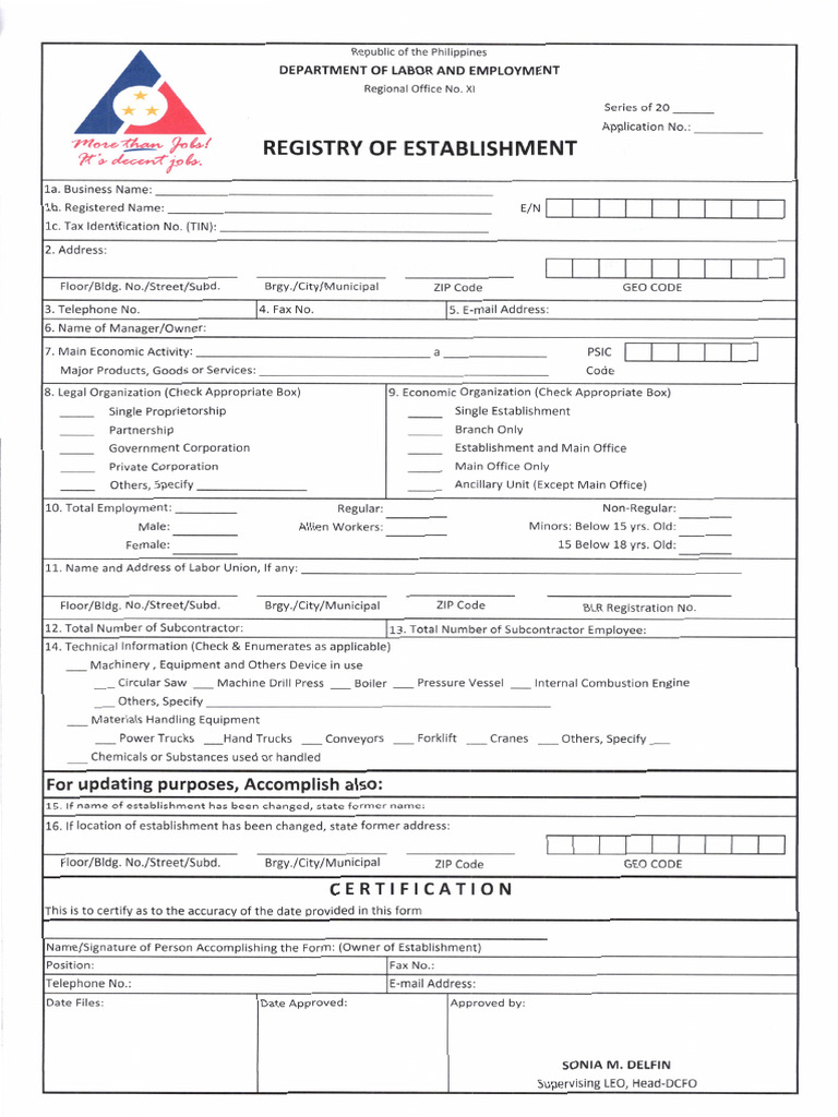 Regsitry of Establishment Form 1020 - Dole Xi | PDF